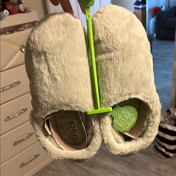 CROCS | Shoes | Crocs Light Green Fuzzy Slippers | Poshmark